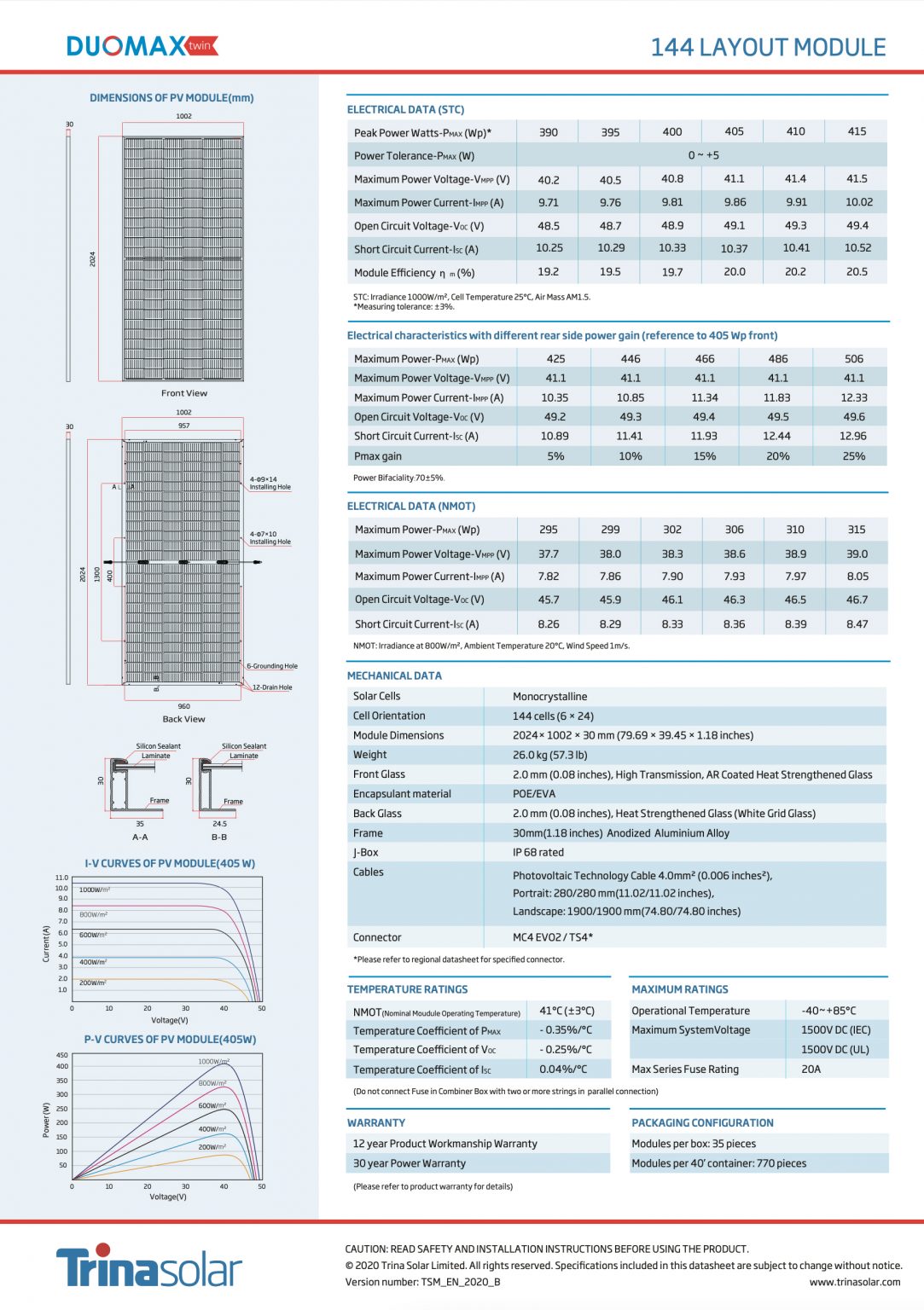 Trina TSM-400DEG15MC.20(II) 400w Mono Split Bifacial Silver Frame Clear Backsheet/White Grid ...