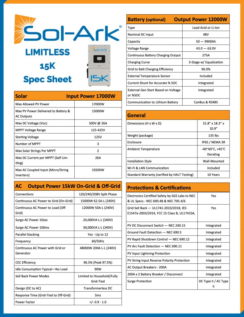 Sol-Ark SA-Limitless-15K, 15kw Hybrid inverter 120/240/208v 10 yr ...
